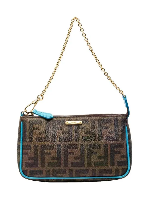 Fendi 2010-2025 Zucca Spalmati Chain Pochette Shoulder Bag - Blue
