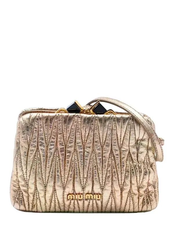 Miu Miu Metallic Matelasse Nappa Leather Kiss Lock Crossbody Bag - Gold