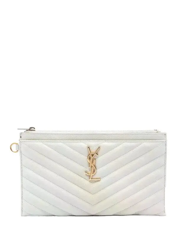 Saint Laurent 2020 Grain De Poudre Chevron Monogram Clutch Bag - White