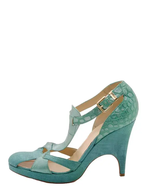 Versace Croc-embossed Leather Wedge Sandals - Blue