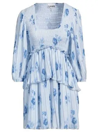 GANNI Mini Floral-print Pleated Crepe Dress - Blue