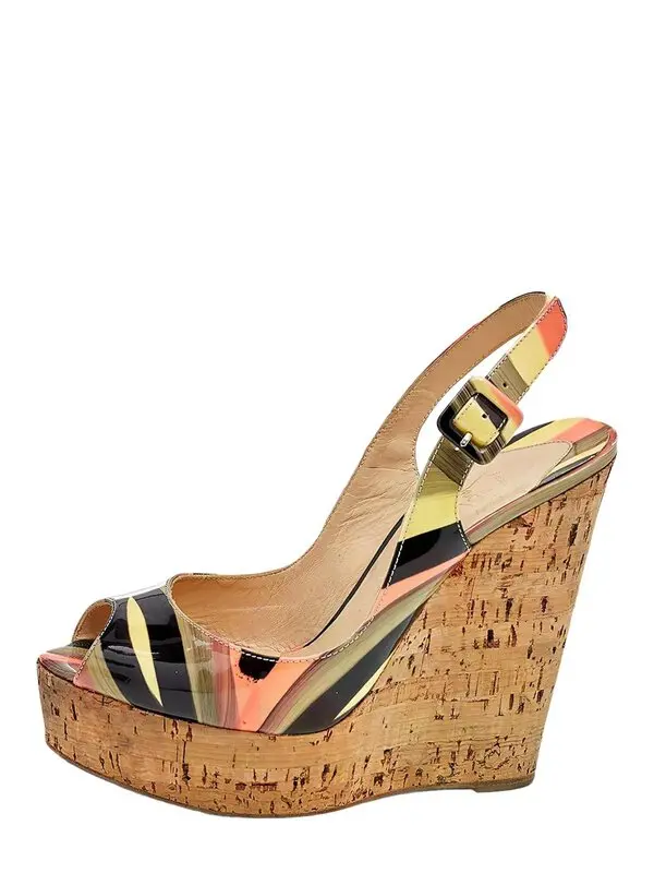 CHRISTIAN LOUBOUTIN Patent Leather Peep Toe Slingback Wedge Sandals - Black