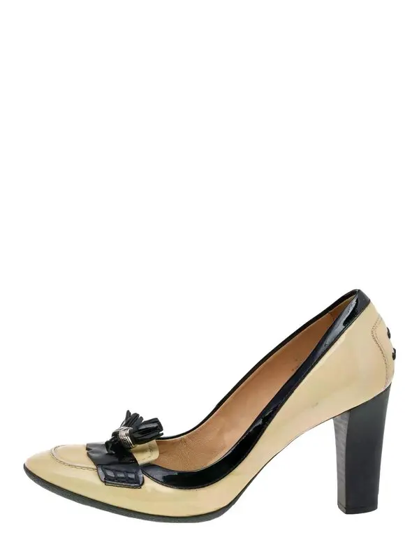 TOD'S Patent Leather Block Heel Pumps With Tassel Detail - Neutrals