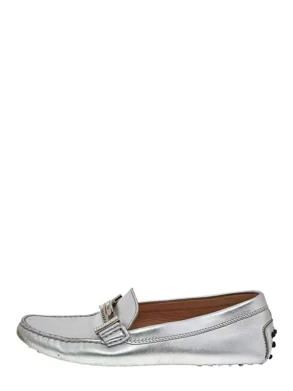 TOD'S Metallic Leather Loafers With Double Buckle Detail - Silver
