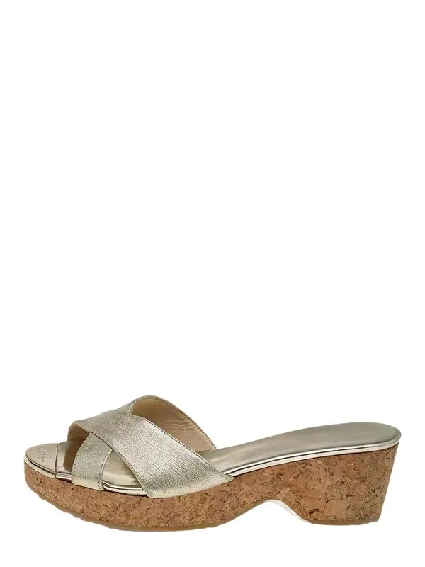 JIMMY CHOO Tone Crisscross Strap Cork Wedge Sandals - Gold