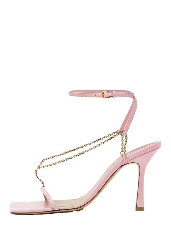 Bottega Veneta Leather Square Open Toe Sandals With Gold Chain Embellishment - Pink