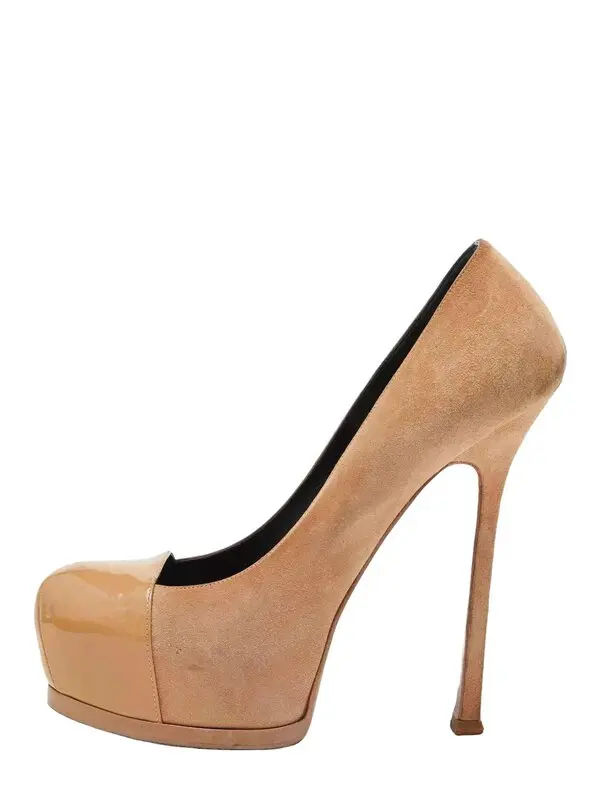 Saint Laurent Beige Suede Platform Pumps With Patent Cap Toe - Neutrals