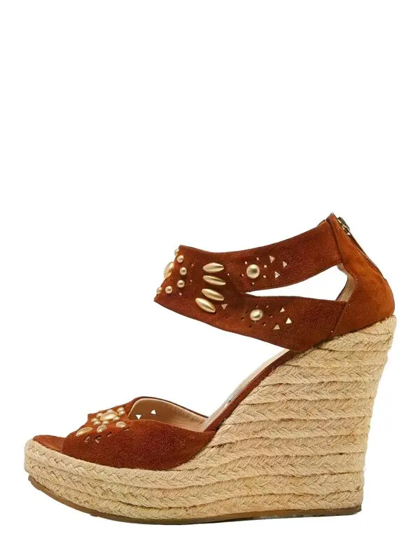 JIMMY CHOO Rust Suede Studded Wedge Espadrilles - Brown