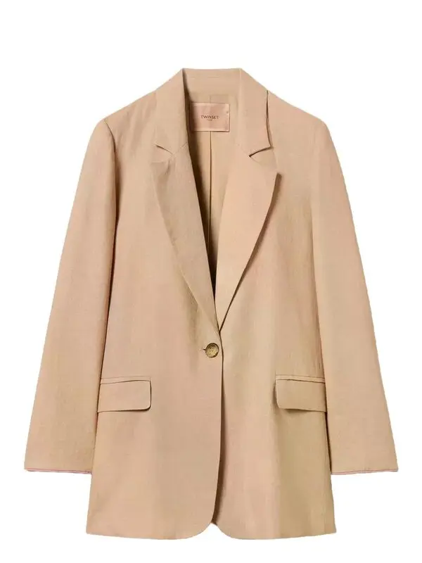 TWINSET Woven Linen Blend Blazer With Contrasting Trim - Neutrals