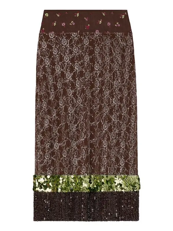 Tory Burch Embellished Lace Skirt - Coffee