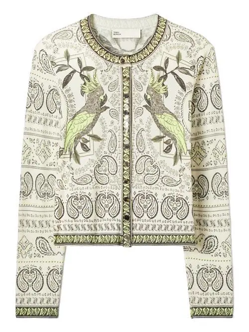 Tory Burch Printed Wool Cardigan - Light Ivory/mint Cockatoo