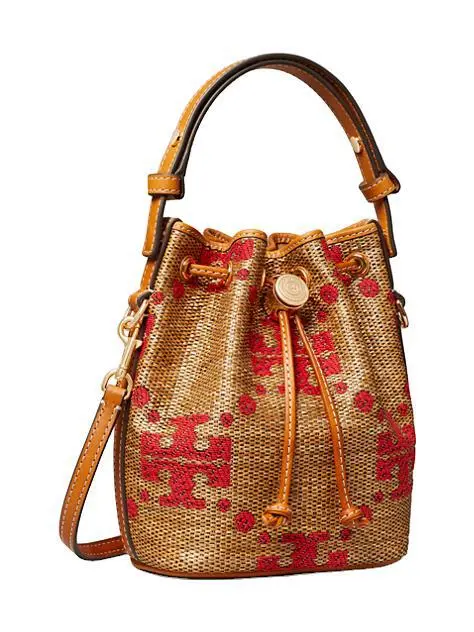 Tory Burch T Monogram Straw Mini Bucket Bag - Natural
