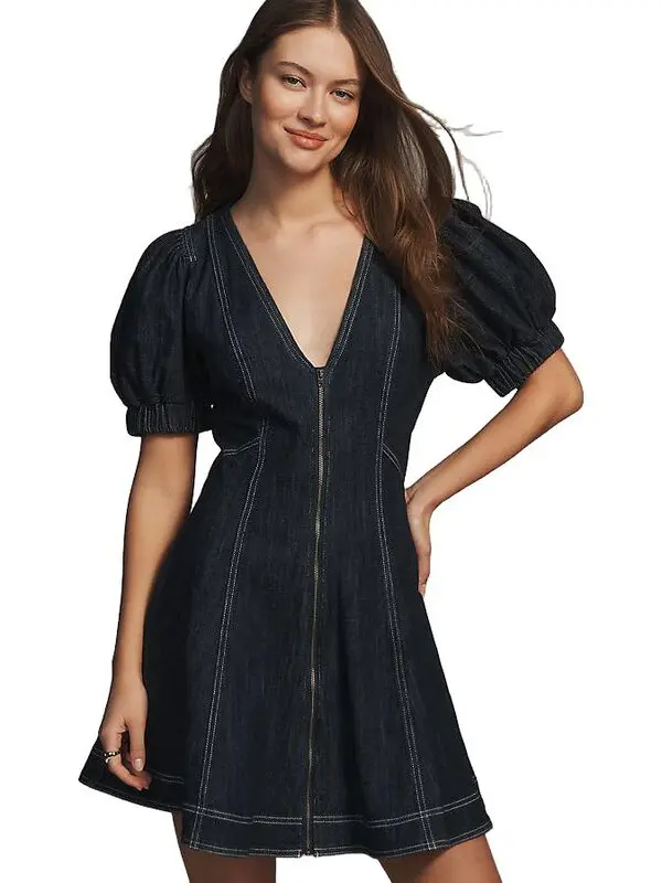 PILCRO Puff-sleeve Denim Mini Dress - Dark Rinse