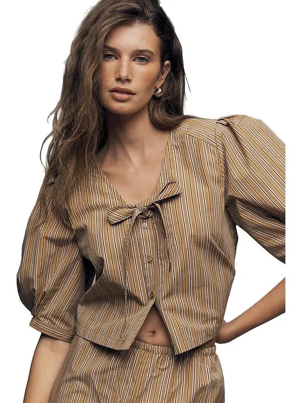 THE TINY BIG SISTER Puff-sleeve Bow Blouse - Brown Stripe