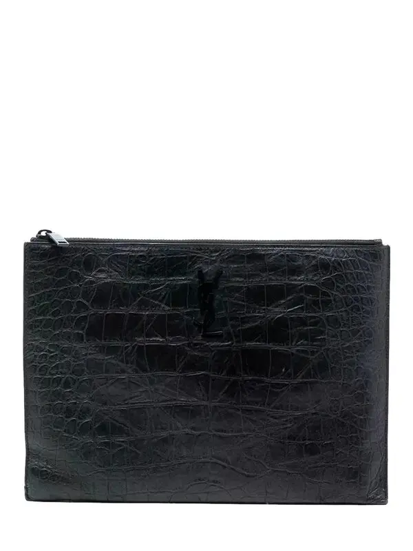 Saint Laurent 2017 Croc Embossed Leather Monogram Document Holder Clutch - Black