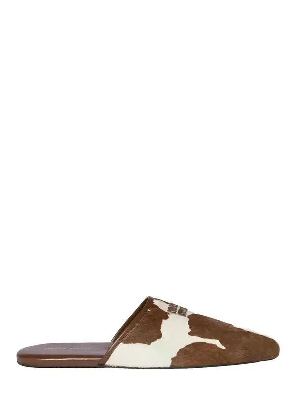 Miu Miu Animal-print Logo-lettering Mules - Brown