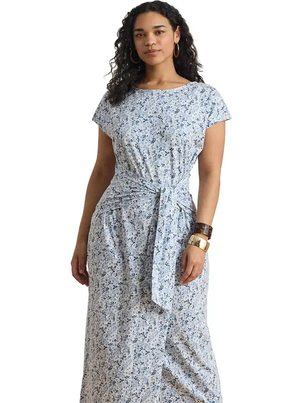 Ralph Lauren Floral Jersey Tie-front Tee Dress - White/blue