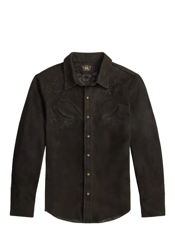 Ralph Lauren Embroidered Suede Western Shirt - Black Over Brown