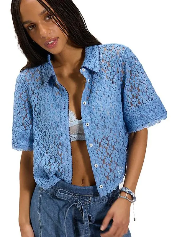 Free People Mannie Lace Button-down Shirt - Blissfull Blue