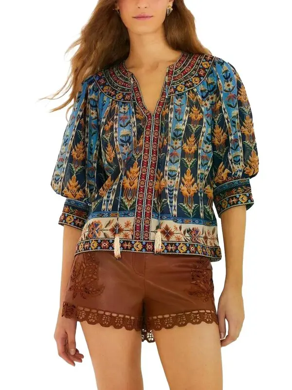 Farm Rio Tasseled Printed Top - Blue