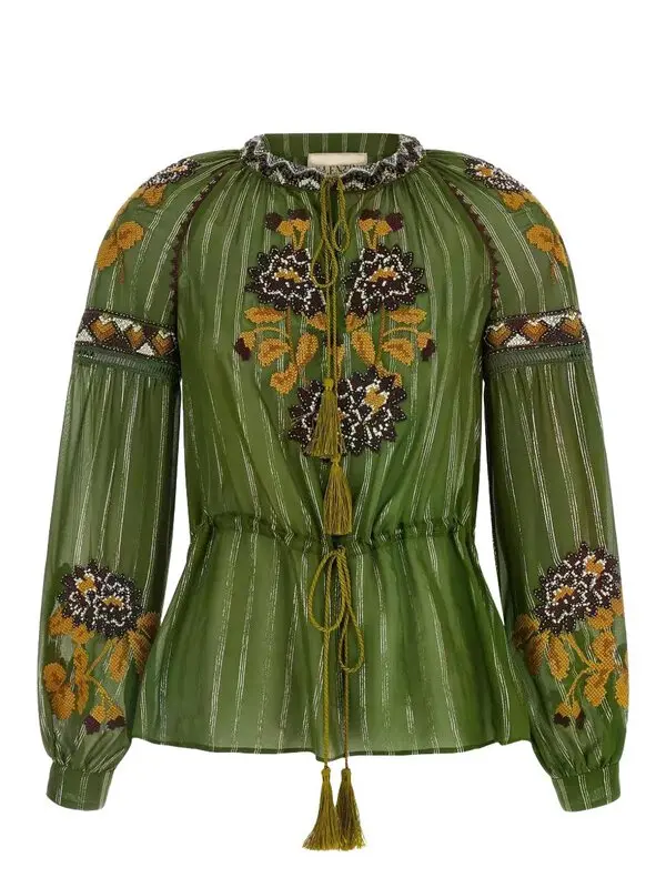 Valentino Garavani Embroidered Tassel Silk Blouse - Green