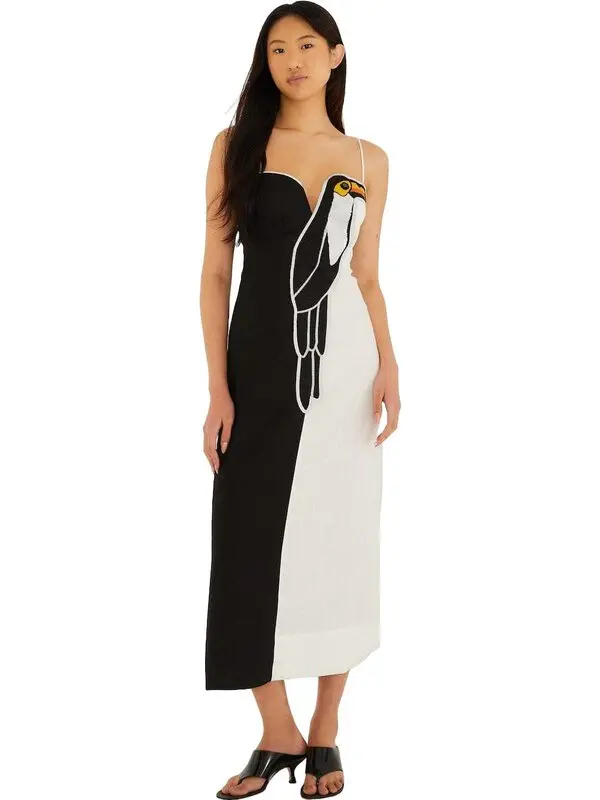 Farm Rio Embroidered Toucan Euroflax™ Premium Linen Maxi Dress - Black And White