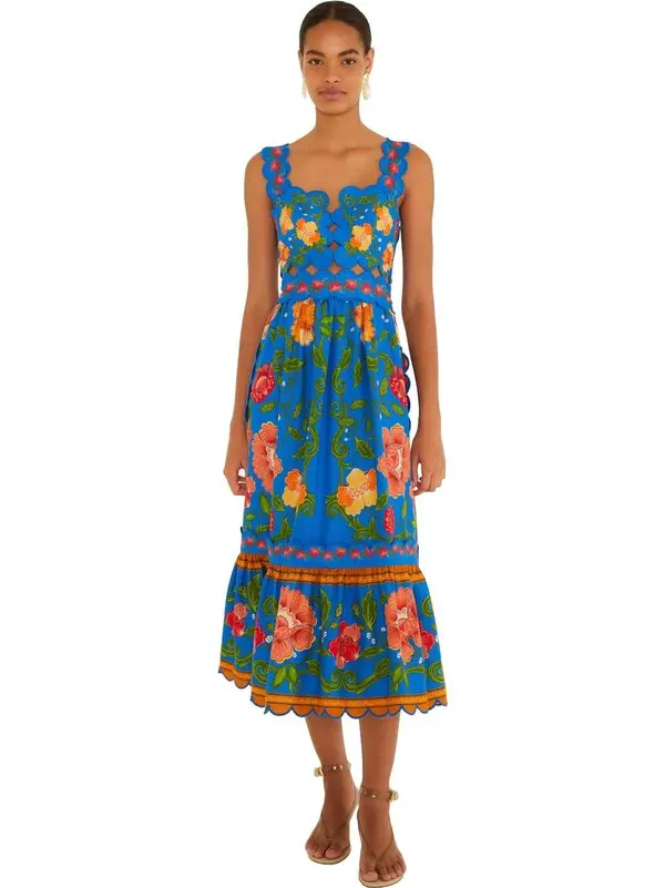 Farm Rio Bright Blue Rococo Flowers Lenzing™ Ecovero™ Euroflax™ Midi Dress - Rococo Flowers Bright Blue