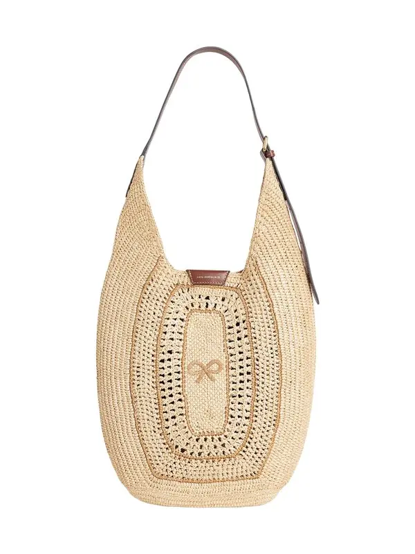 ANYA HINDMARCH Raffia Shoulder Bag With Leather Trim And Bow Detail - Beige