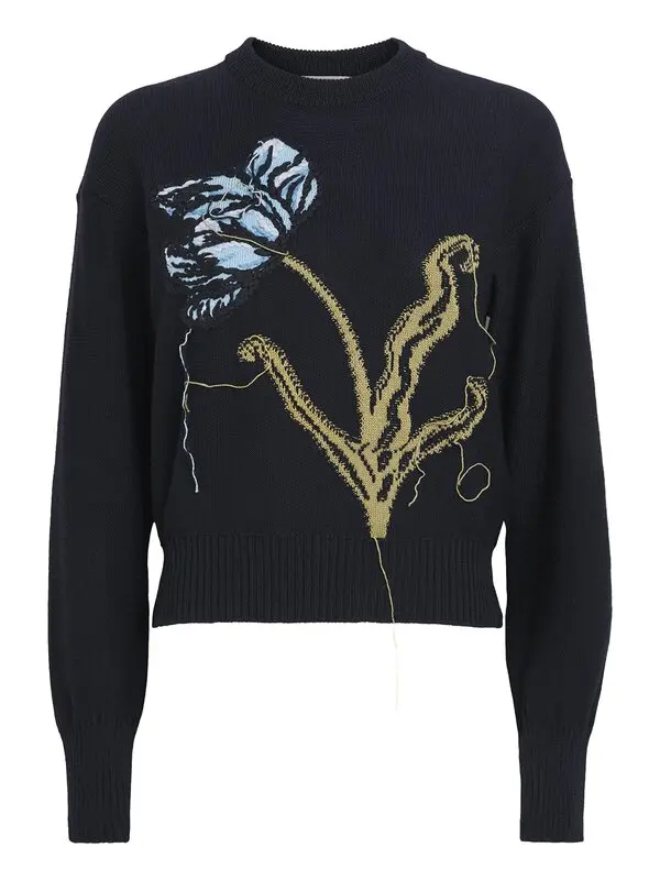 Erdem Floral Intarsia Merino Wool Sweater - Navy