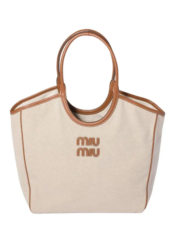 Miu Miu Ivy Canvas And Leather Tote - Beige/brandy