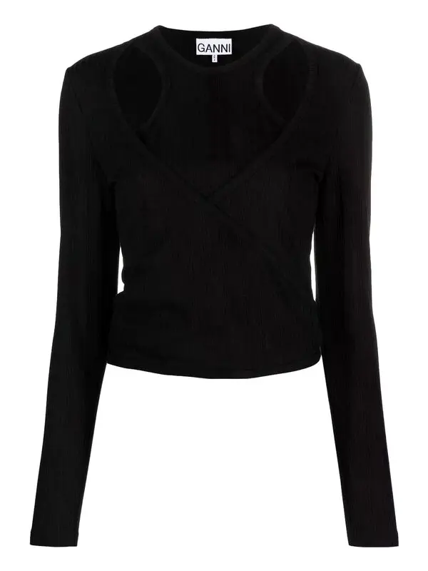 GANNI Ribbed Jersey Wrap Blouse - Black