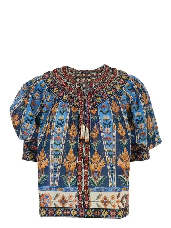 Farm Rio Tasseled Printed Top - Blue