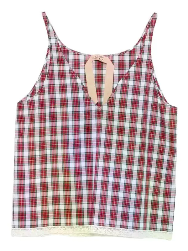 N°21 Check-pattern Lace-trim Blouse - Red