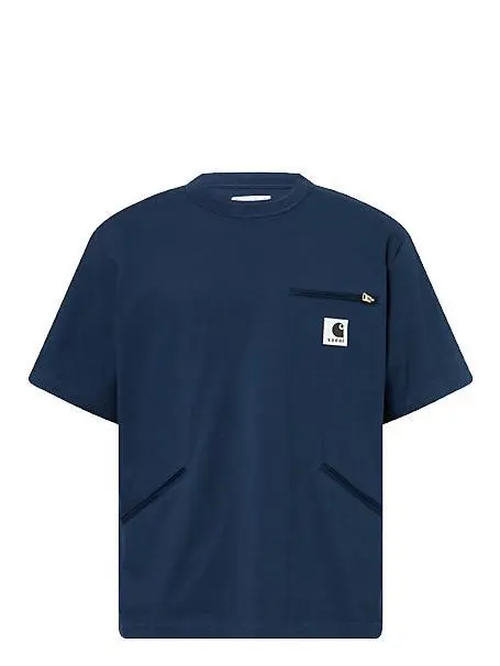 Sacai Logo-patch Slip-pocket Cotton T-shirt - Blue