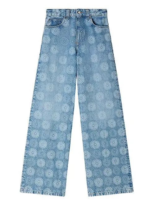 Sandro Floral Wide-leg High-rise Denim Jeans - Blue Jean