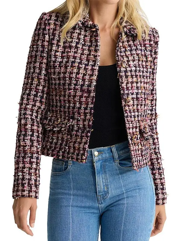St. John Houndstooth Tweed Boxy Jacket - Bordeaux Ecru Multi