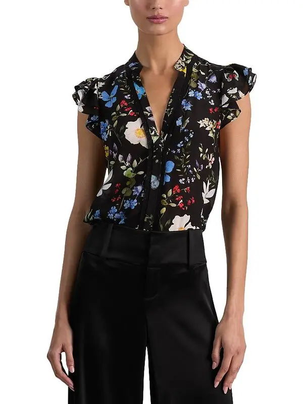 Alice + Olivia Flutter Sleeve Silk Top With Floral Print - Twisting Vines Black