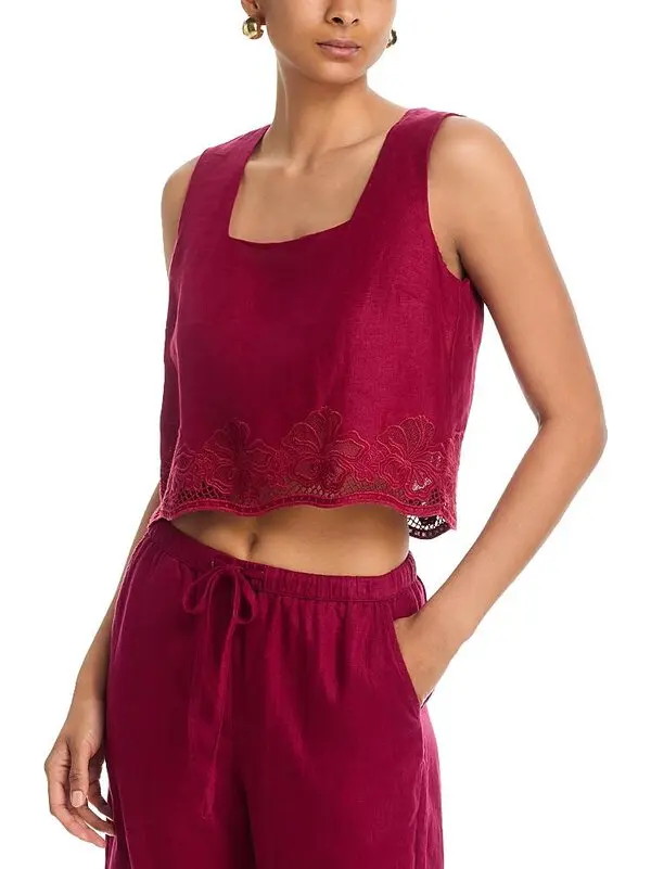 Rails Akira Embroidered Linen Top - Berry Hibiscus Embroidery