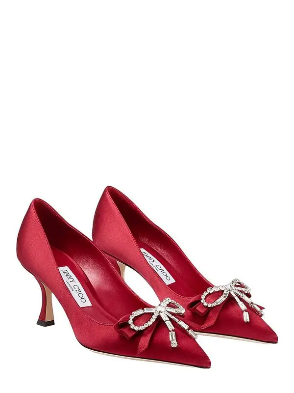 JIMMY CHOO Auria 70 Satin Crystal Bow Pumps - Ruby Red/crystal