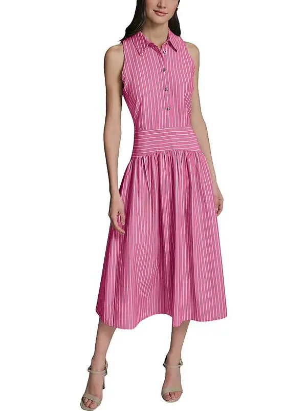 Karl Lagerfeld Paris Striped Shirt Dress - Fuchsia/ Soft White