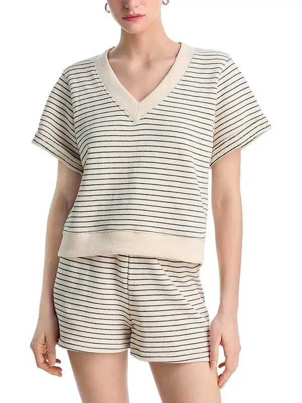PERFECTWHITETEE Briggs French Terry Striped Short Sleeve Sweatshirt - Natural/charcoal