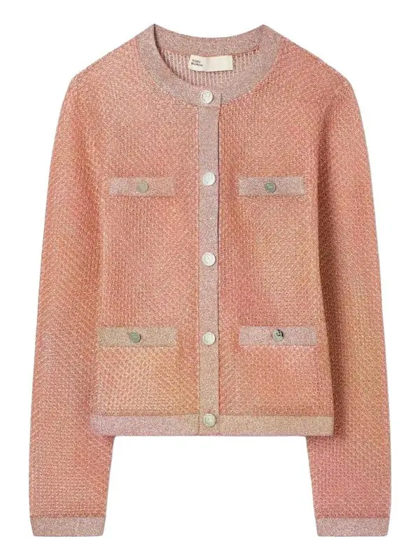 Tory Burch Kendra Metallic Knit Mesh Cardigan - Pink