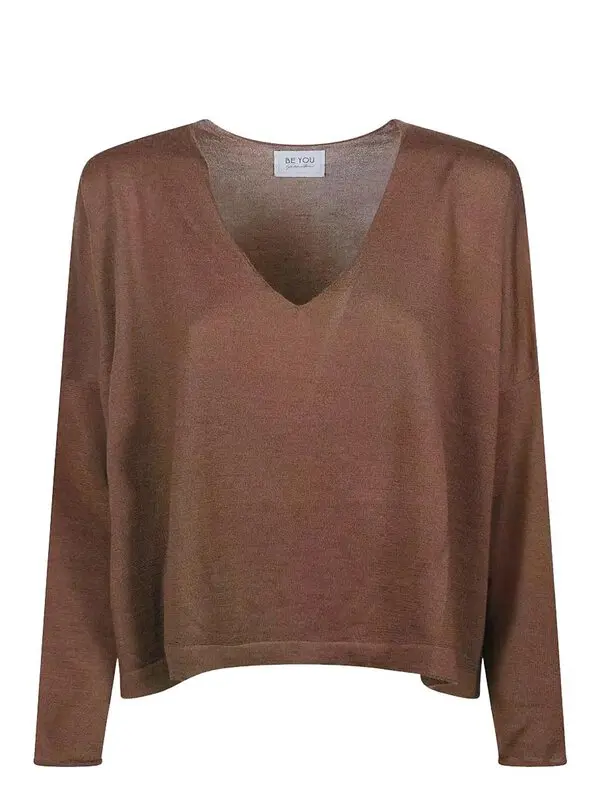BEYOU V-neck Long Sleeve Sweater - Brown