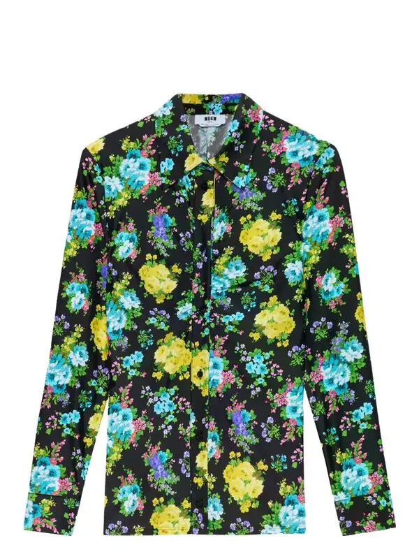 MSGM Floral Collared Shirt - Black