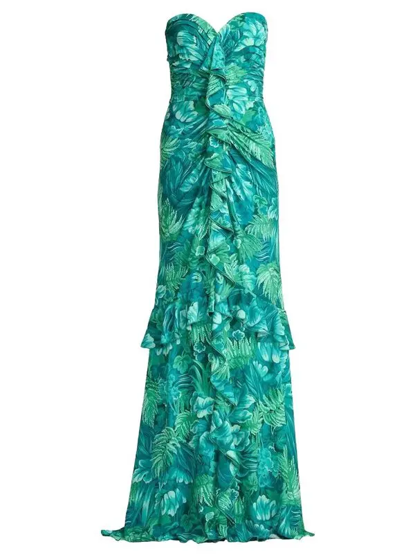 Tadashi Shoji Ruffled Floral Strapless Dress - Green