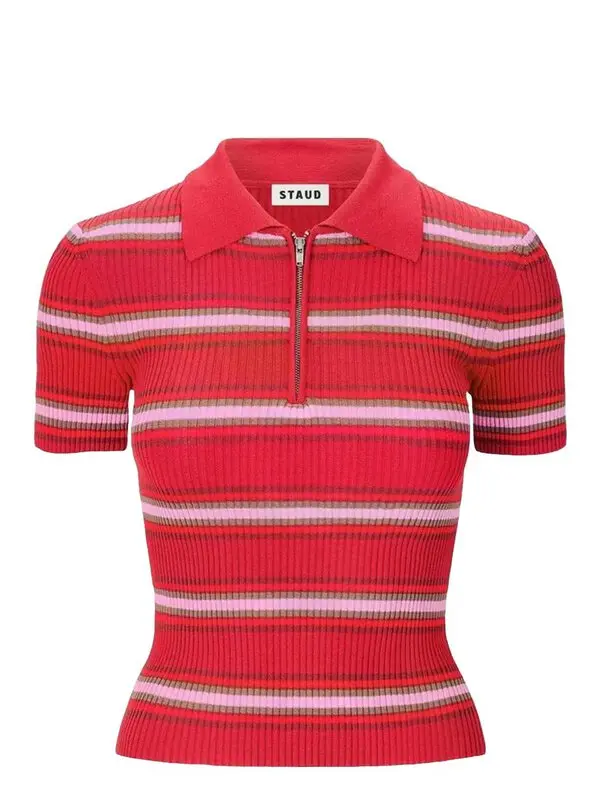 Staud Striped Zip Polo Shirt - Red