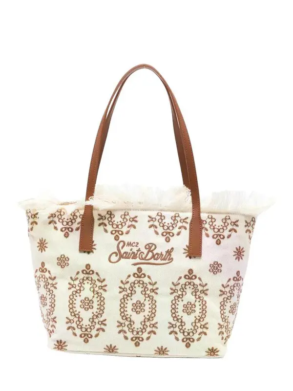 MC2 SAINT BARTH Floral-embroidered Fringed Tote Bag - Neutrals
