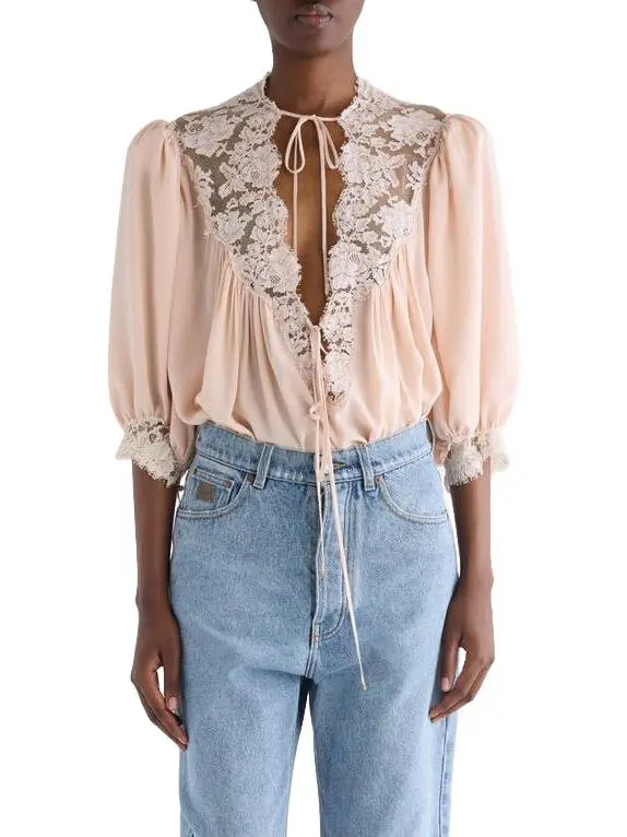 Chloé Lace Trim Silk Top - Delicate Pink