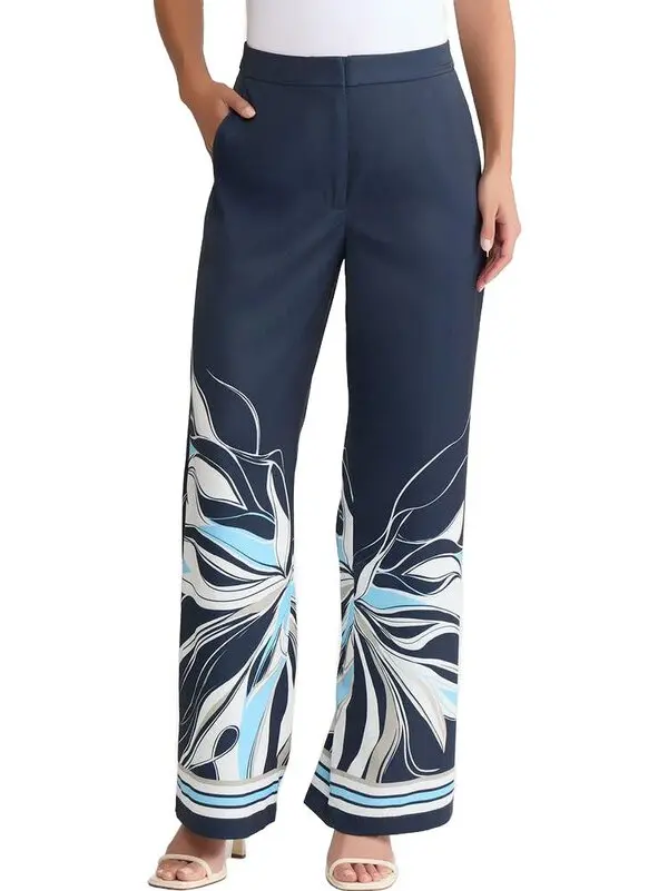 Ming Wang Crepe De Chine Wide-leg Floral Abstract Pants - Indigo/white/serene