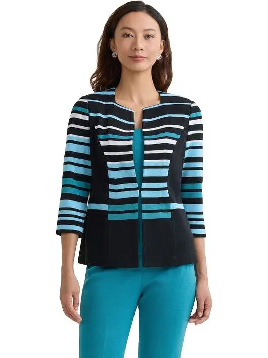 Ming Wang Heritage Striped Intarsia Knit Jacket - Serene/nebula/white/black